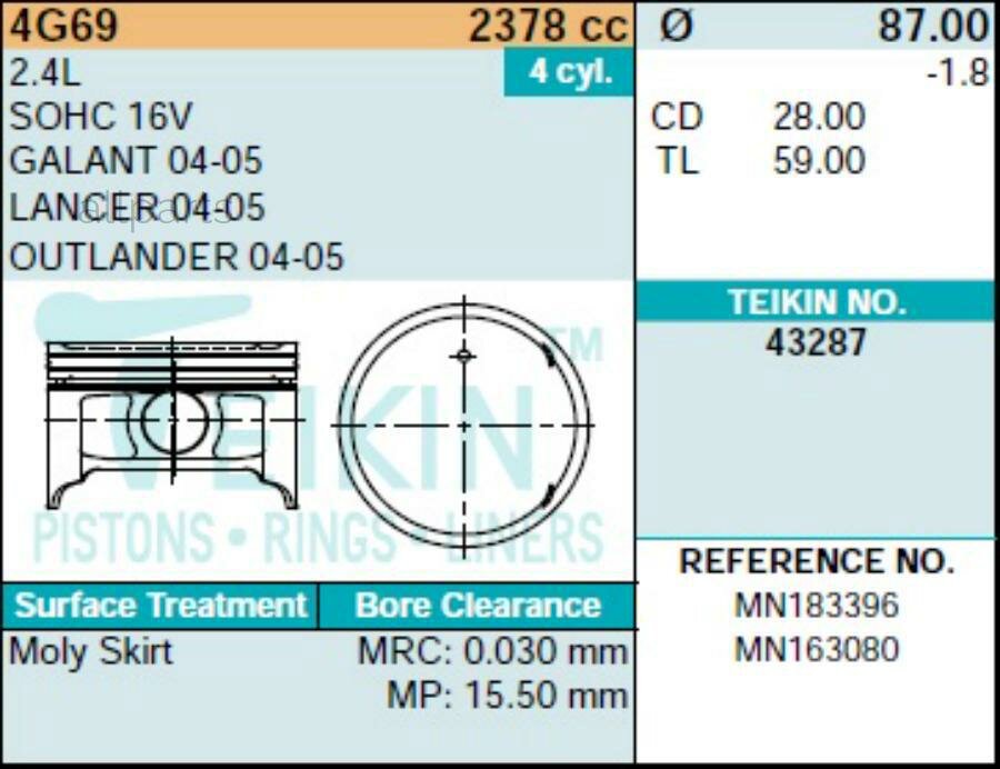 TEIKIN 43287 050 Поршни (к-т 4 шт) 050 MMC AIRTREK/OUTLANDER 04- 4G69 (MIVEC)