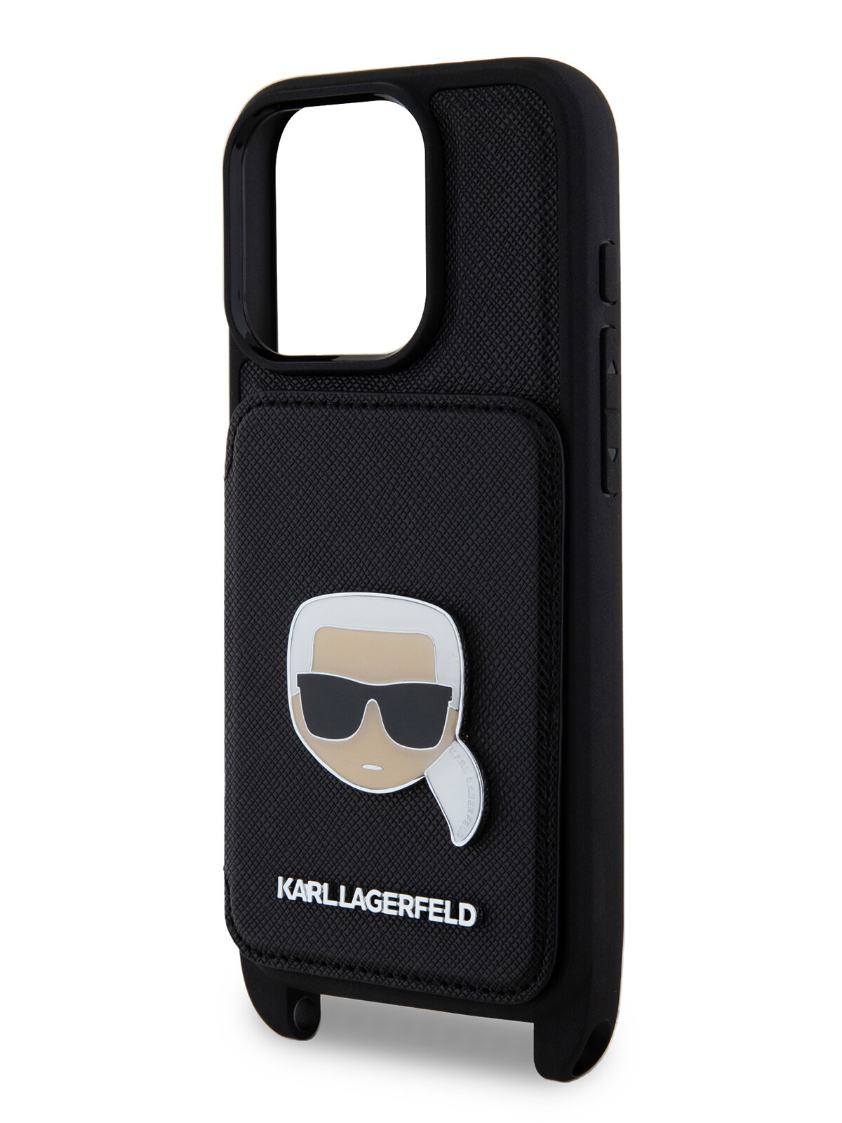 Lagerfeld для iPhone 15 Pro чехол Crossbody cardslot PU Saffiano Metal Karl Head Hard Black