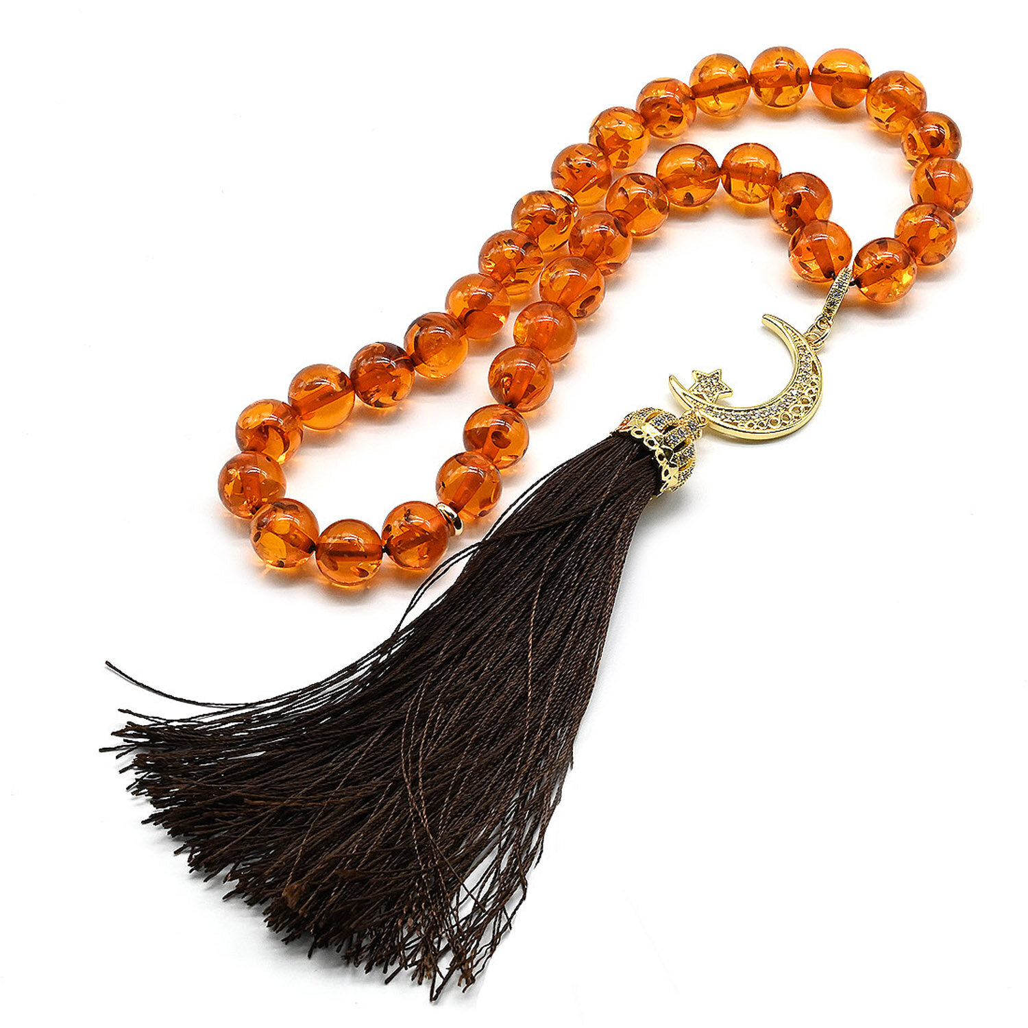 Четки 33 бусины "Полумесяц" из янтаря шарик 10мм цв. коньячный, 34см .