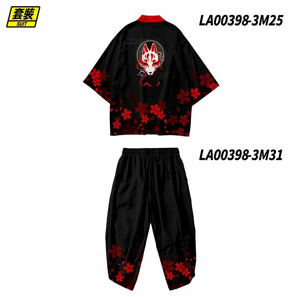 Мужское кимоно и брюки, черный, полиэстер Красный, 4XL, suit 1