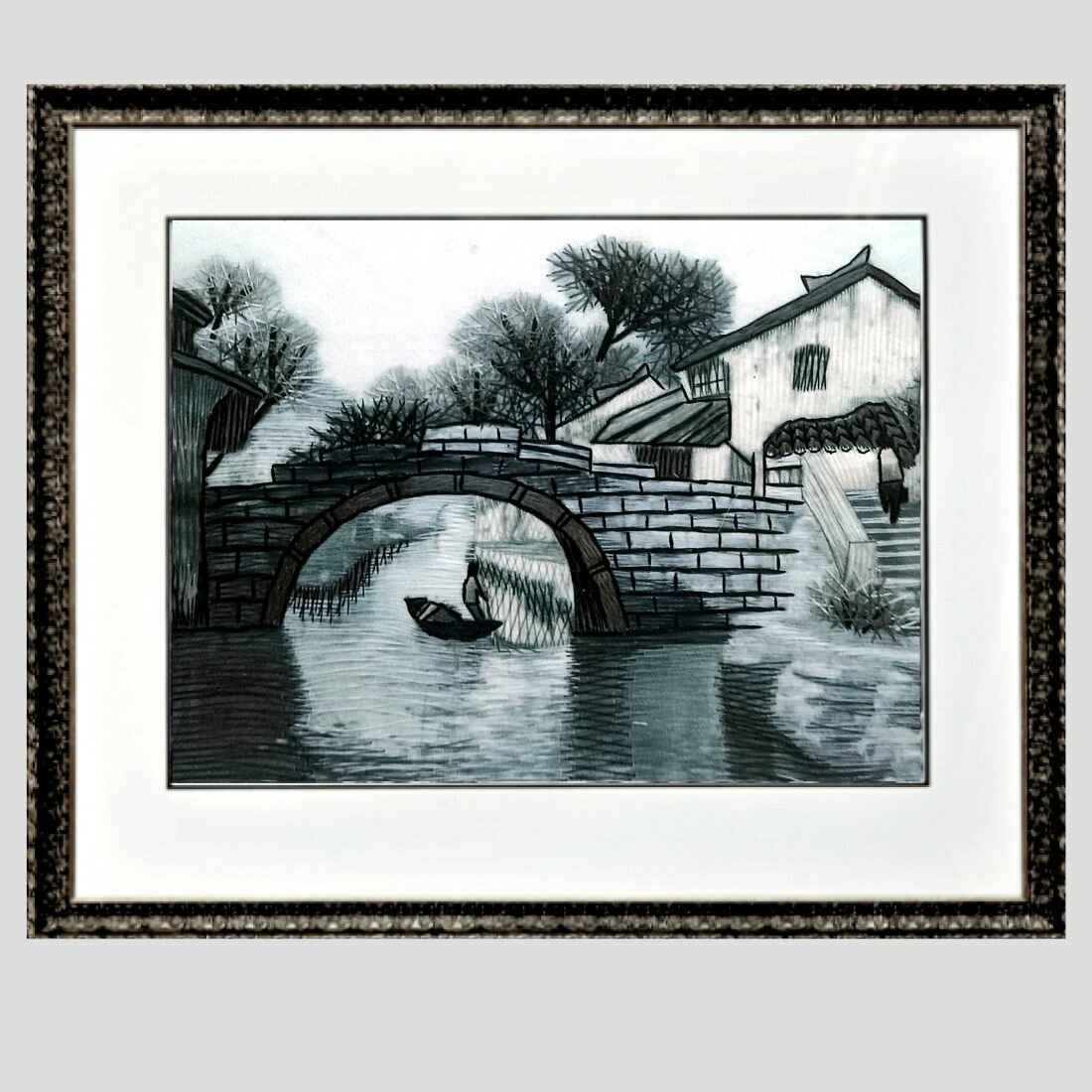 Декоративная настенная картина Живой Шелк Пейзаж с мостиком, вышивка шелком ручная с 3Dэффектом/см 33х27х3/багет+паспарту
