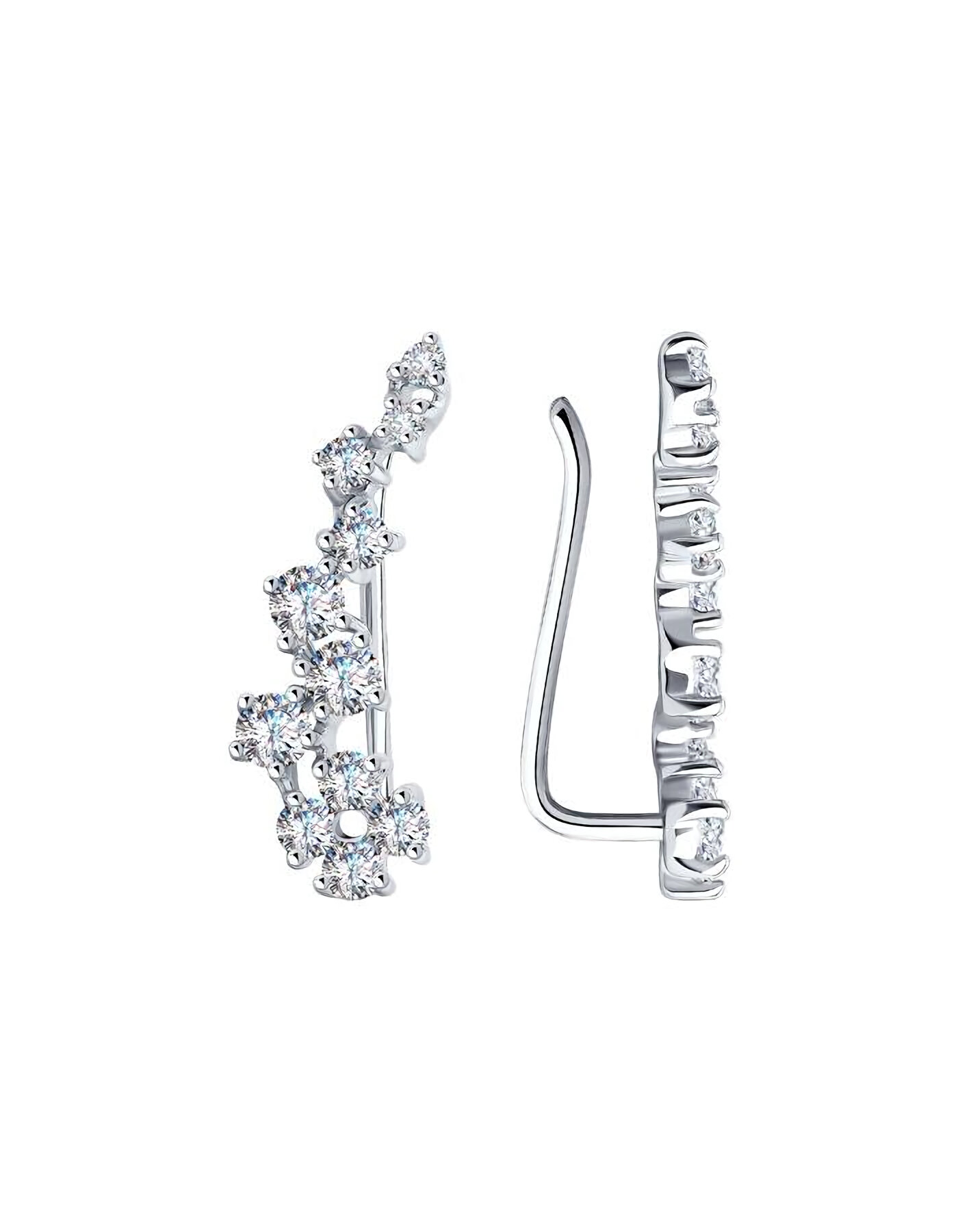 Серьги каффы, серебро, 925 проба, родирование, фианит