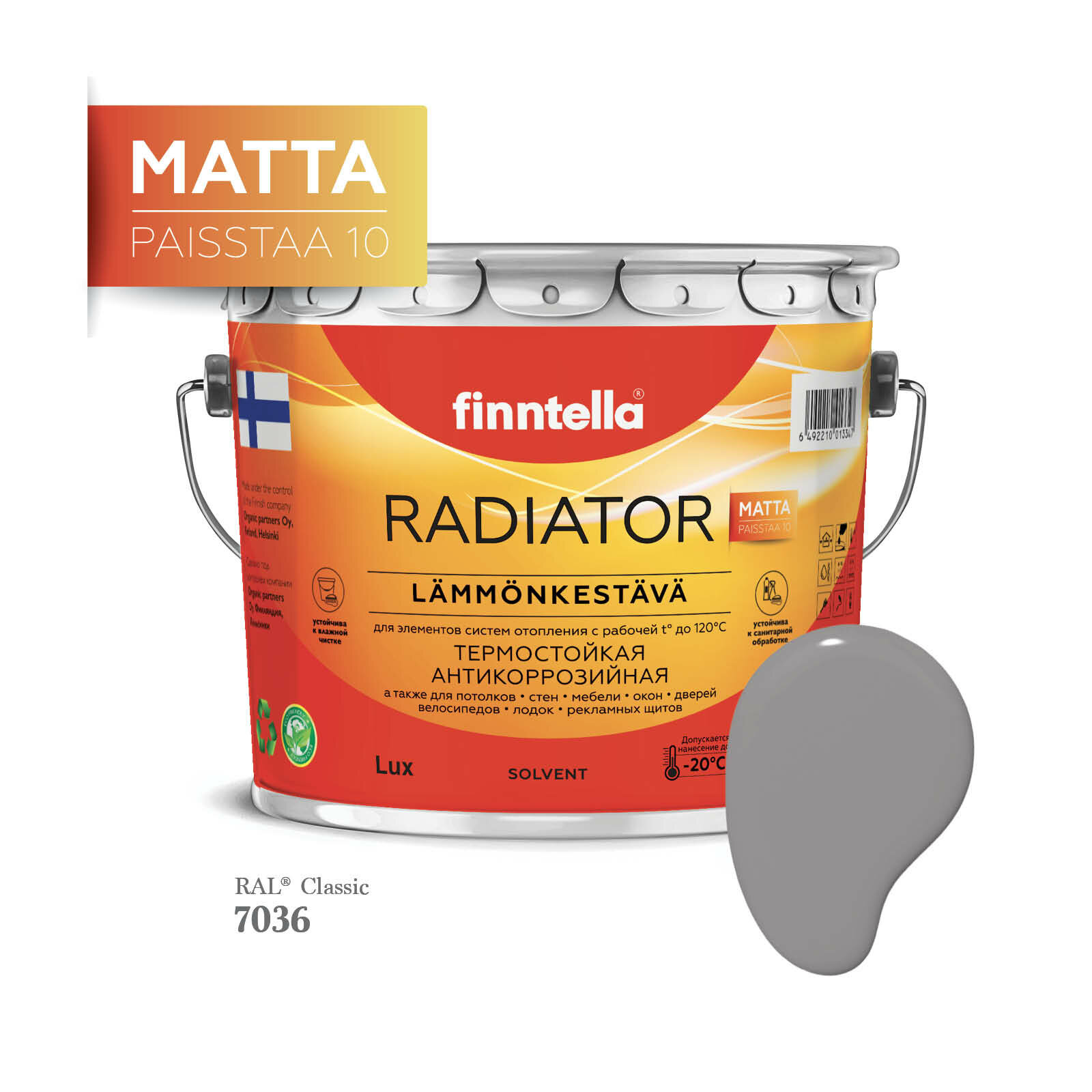 Краска для радиаторов быстросохнущая финская эмаль FINNTELLA RADIATOR Matta. Матовая. Цвет RAL7036 , 2,7л