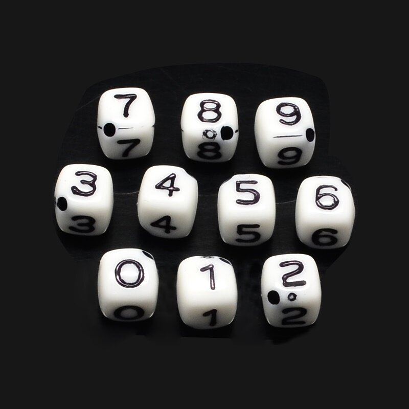 Бусины акриловые, 10мм (длина грани 8мм), кубики, цифры, белые, 10 грамм