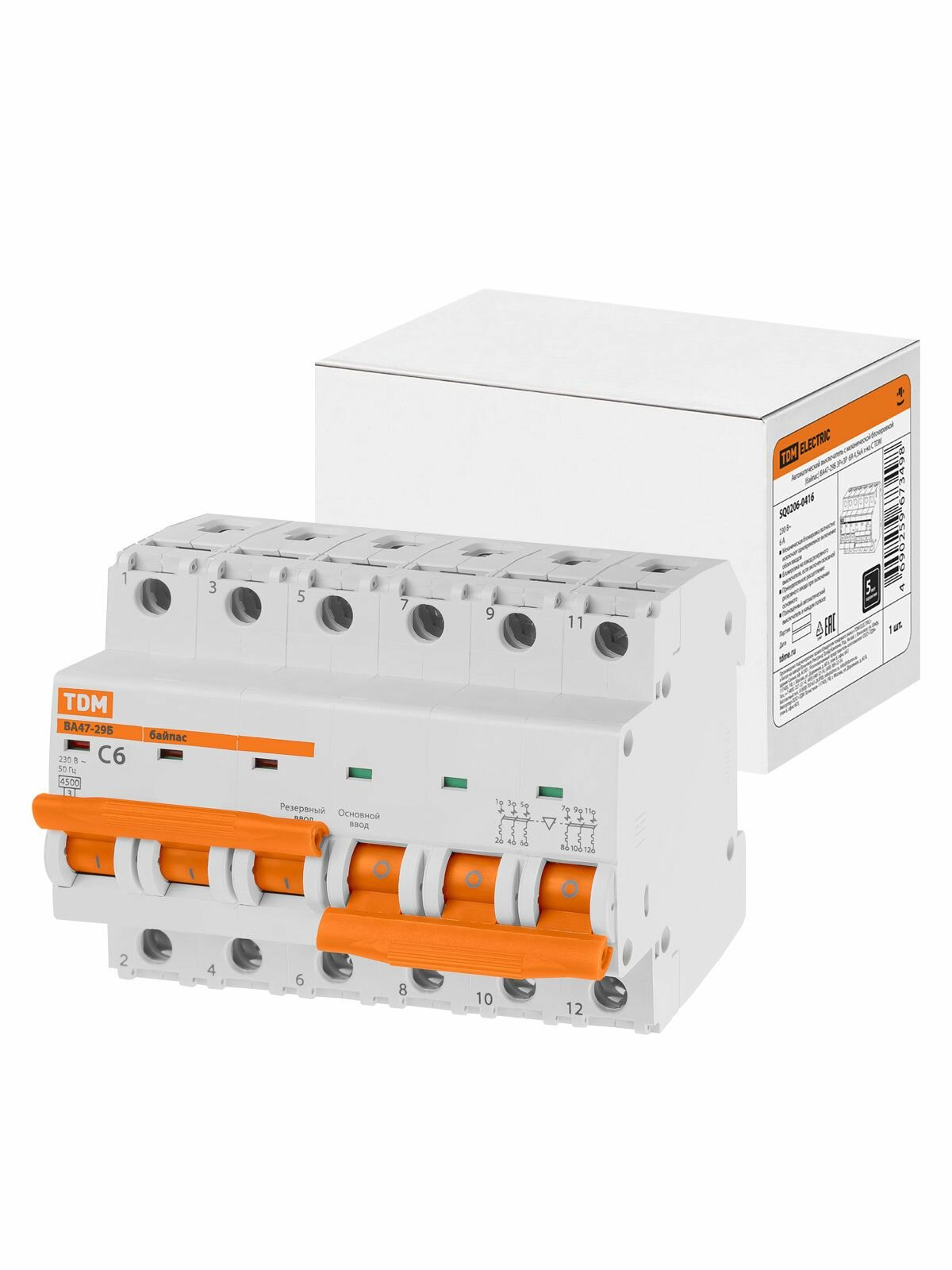 Автоматический выключатель с мех. блок. (байпас) ВА47-29Б 3Р+3Р 6А 4,5 кА тип C TDM Electric