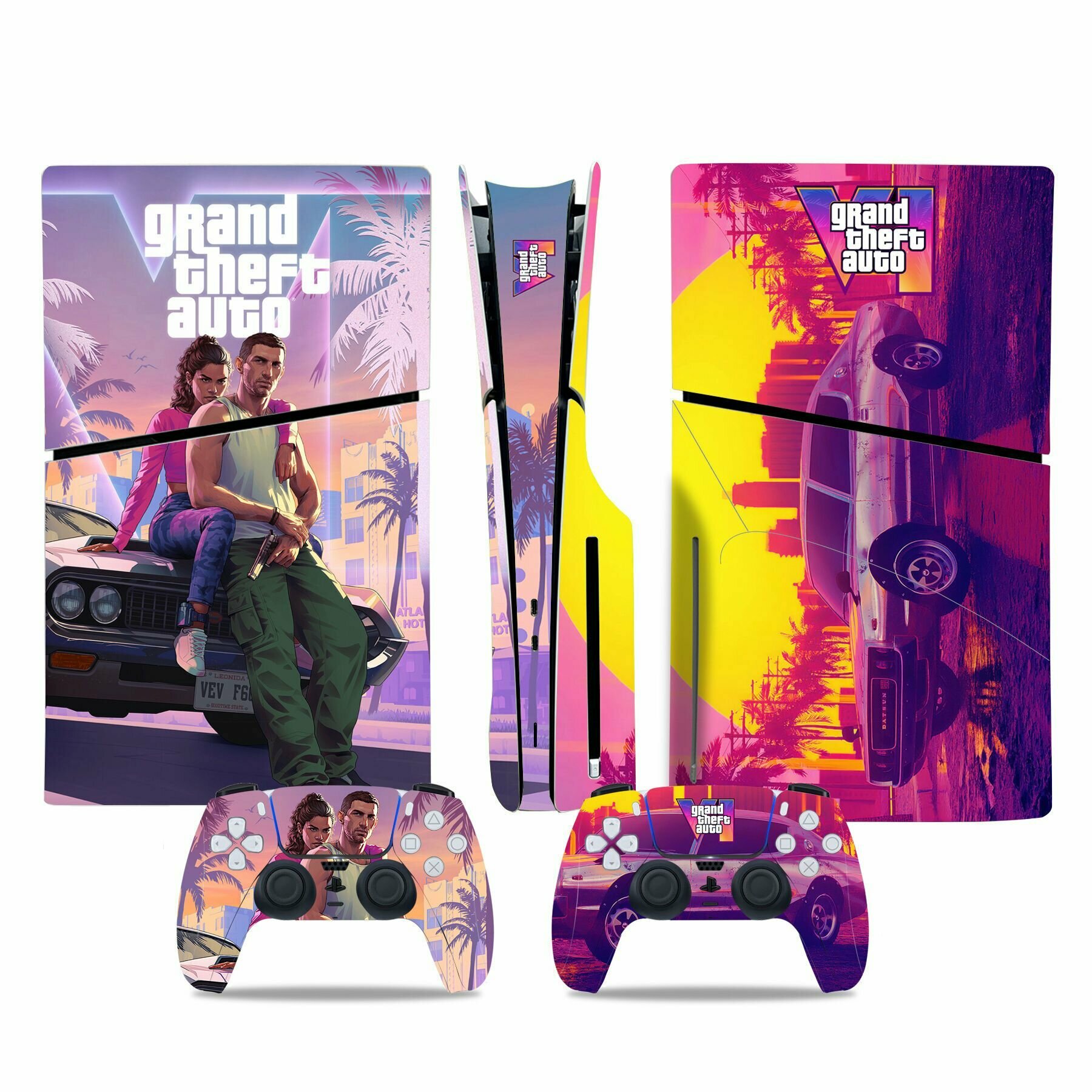 Наклейка виниловая защитная на игровую консоль Sony PlayStation 5 Slim Disc Edition, GTA 6-1, полный комплект с геймпадами