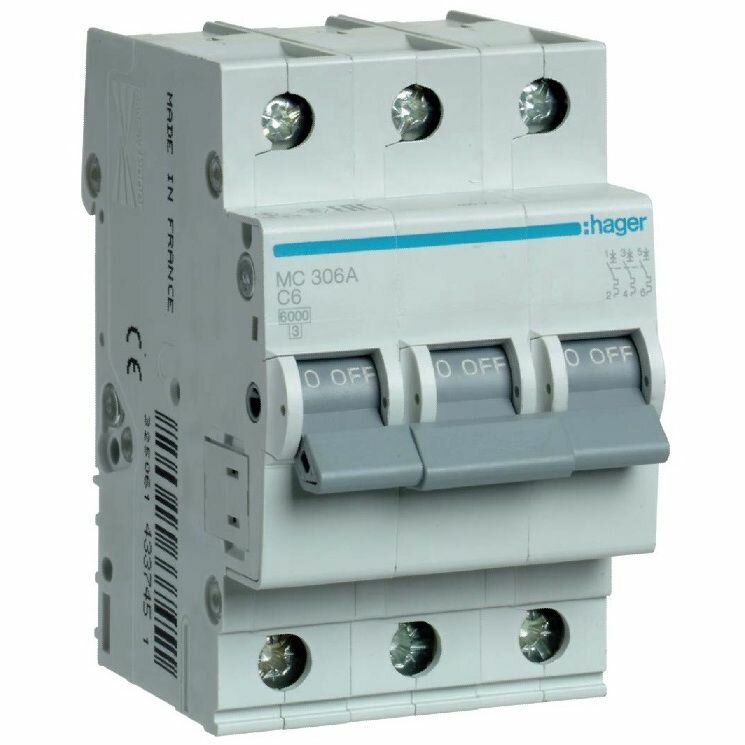Автоматический выключатель Hager MC306A 3п 6А 6кА характеристика C