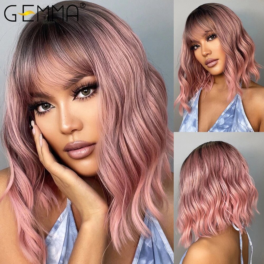 Розовый волнистый парик с челкой GEMMA LC032-1