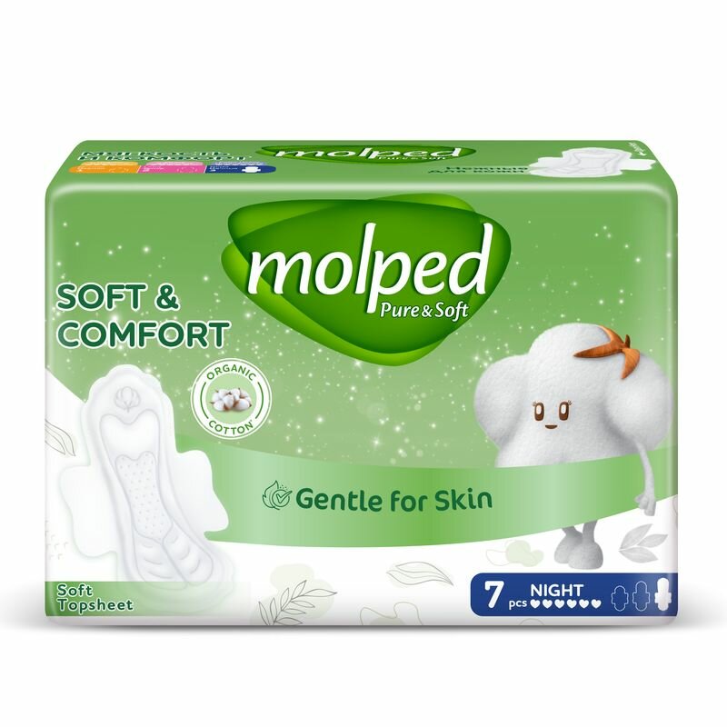 Molped Ультратонкие прокладки Pure & Soft, с крылышками, ночные, 7 шт.