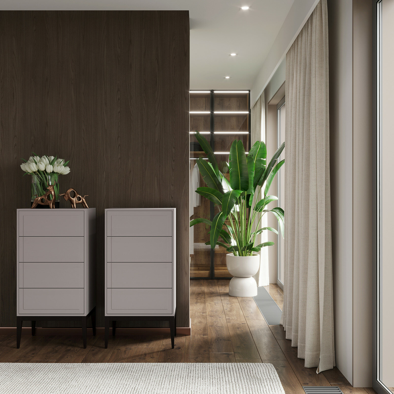 Комод высокий MOD INTERIORS коллекция MARBELLA отделка шпон ореха W , матовый серо-бежевый лак