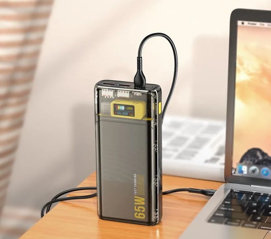 Внешний аккумулятор для ноутбука Hoco Q13 Crystal Fast Charging, 20000 mAh, 65W + Кабель Type-C to Type-C, Черный