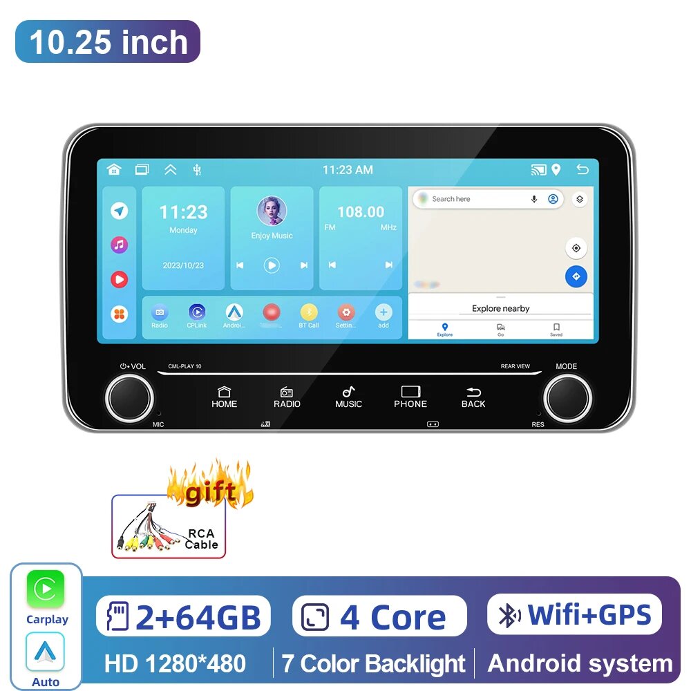 Автомагнитола Podofo универсальная, 2 + 64 ГБ, 10,25 дюйма, GPS 10.25inch Radio