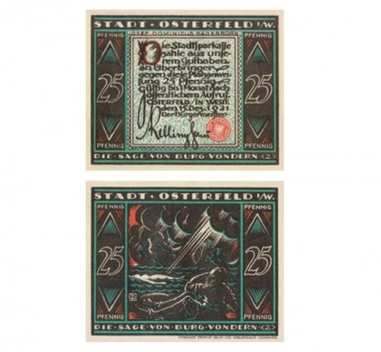 Нотгельд 25 пфеннигов 1921 Германия, Остерфельд, вид 3, сувенирная копия, банкноты и купюры редкие коллекционные