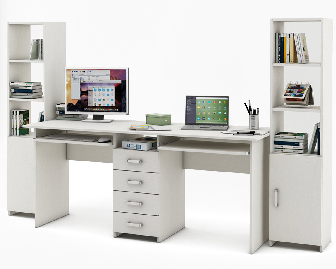 Стол письменный, компьютерный для школьника Лайт (Ньюкасл) 11К для двоих белое дерево