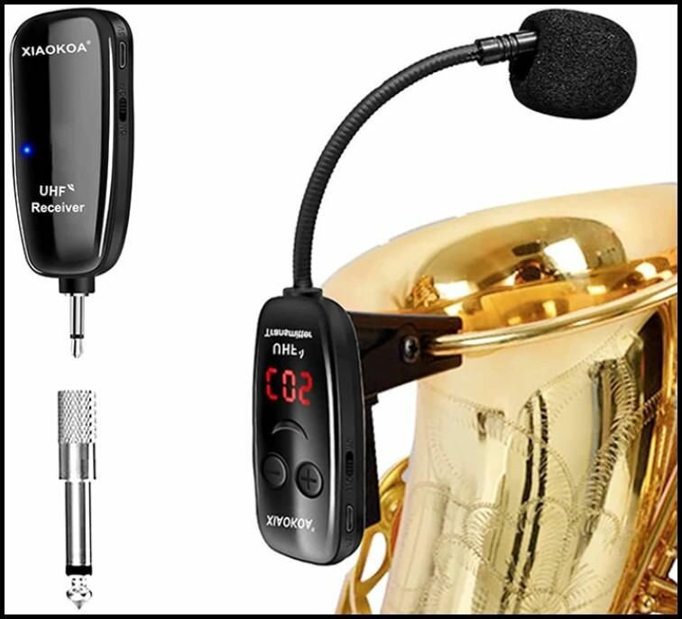 Беспроводной микрофон для саксофона, трубы, духовых инструментов, клипса для крепления, адаптер 6,35 мм