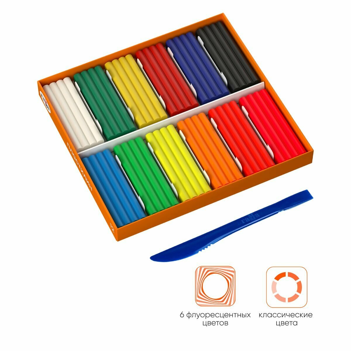 Пластилин 12 цветов Гамма "Оранжевое солнце", 6 классических + 6 флуоресцентных, 168г, стек (130520204), 16 уп.