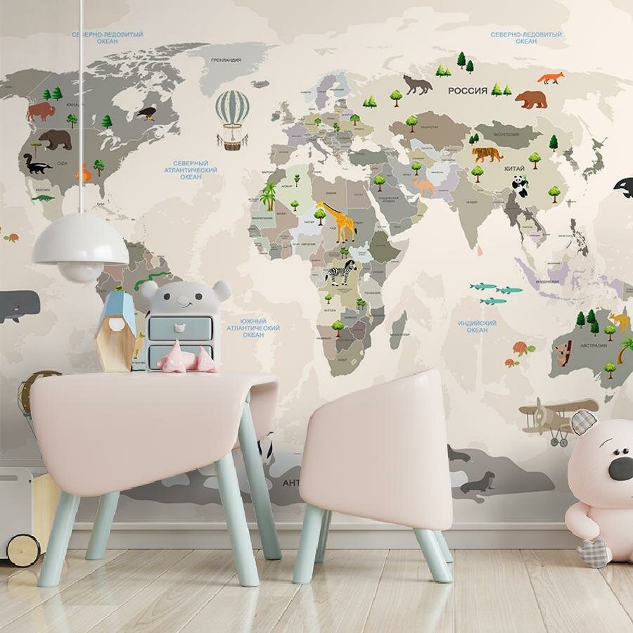 Фотообои Карта мира на бежевом фоне 14-914-M-Холст 270 x 300 см (ВхШ) Бесшовные, флизелиновые, влагостойкие обои