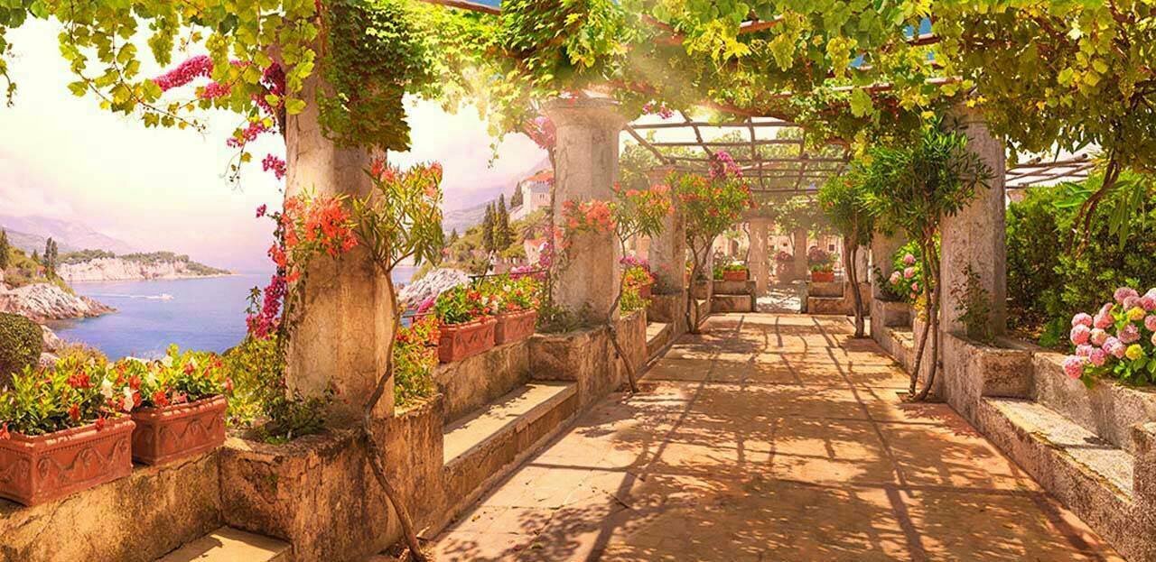 Фотообои Пейзаж с колоннами и цветами 7-217-S-Флекс 270 x 200 см (ВхШ) Бесшовные, флизелиновые, влагостойкие обои MasterFresok