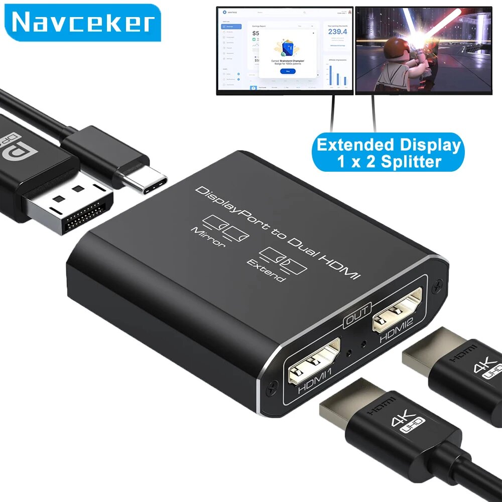 Navceker Разветвитель DisplayPort на два HDMI 4K 60Гц