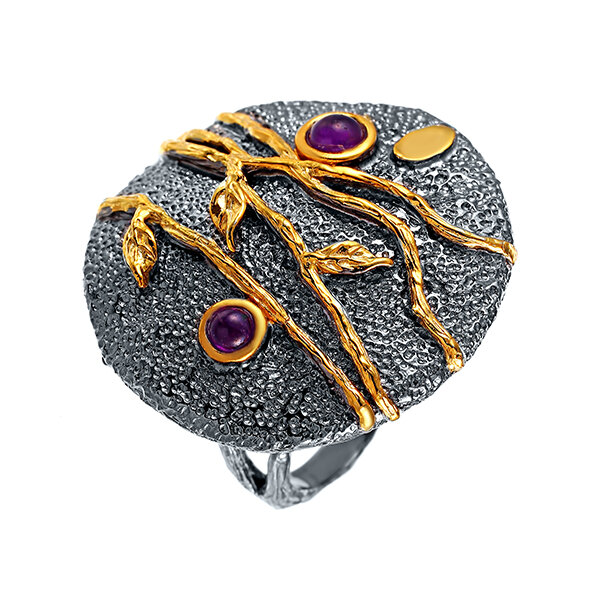 Кольцо, серебро, 925 проба, родирование, золочение, аметист