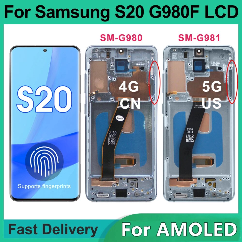 AMOLED для Samsung S20 5G LCD G981 G981F Дисплей Сенсорный экран с рамкой для Samsung S20 4G G980 G980F Замена дисплея CN Blue Frame