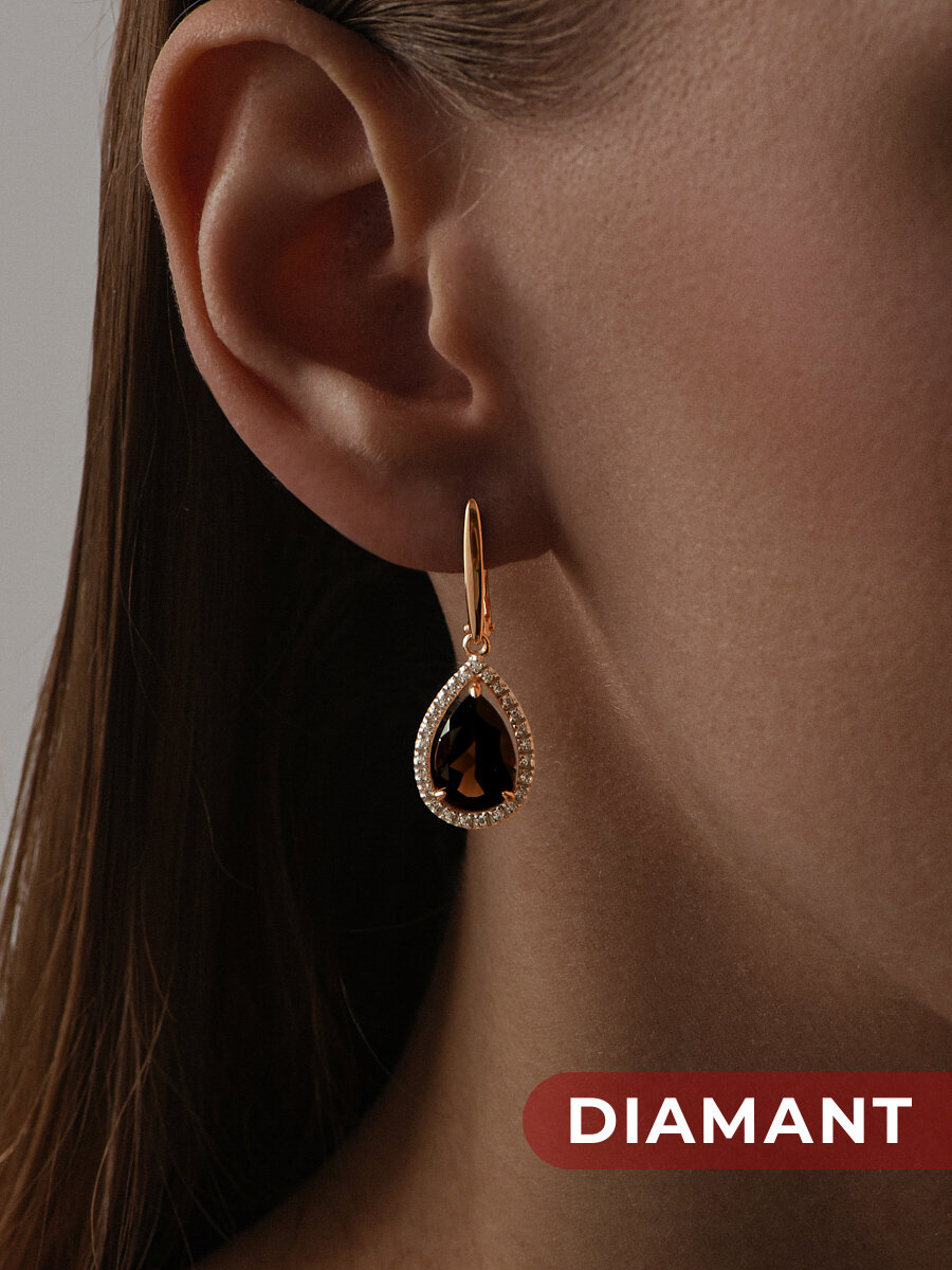 Серьги с подвесками, красное золото, 585 проба, раухтопаз, фианит