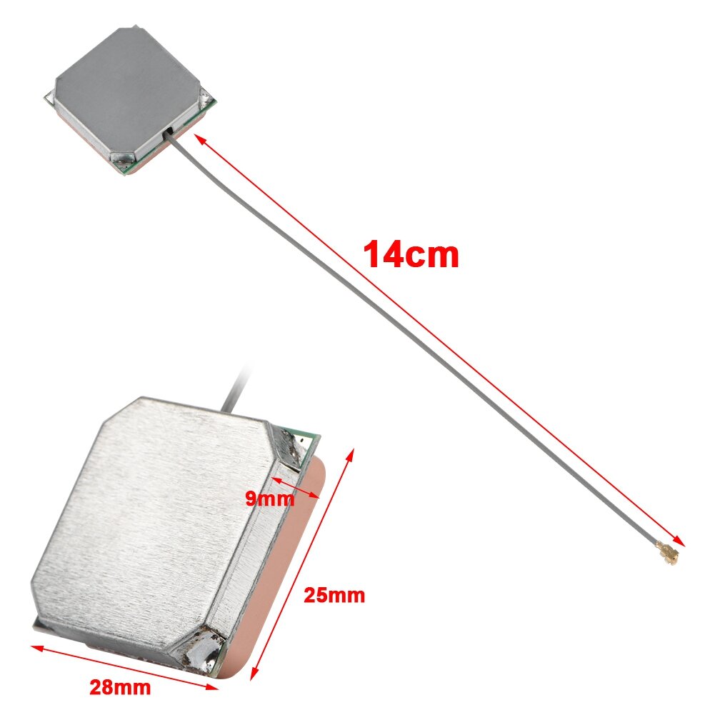 Антенна навигационная керамическая с встроенной активной антенной 28dB, длина антенны 14см, вес 15г, размер 25*28*9мм, частота 1575.42MHz ±4MHz, ПВВ ≤1.5, поляризация правосторонняя круговая, коэффициент помех 30dB ±100MHz, температура эксплуатации