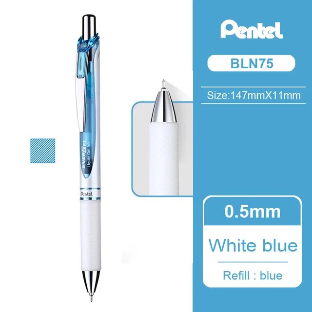 Гелевая ручка Pentel BLN75 Plus 0,5 мм черная Голубой, white blue 0.5mm