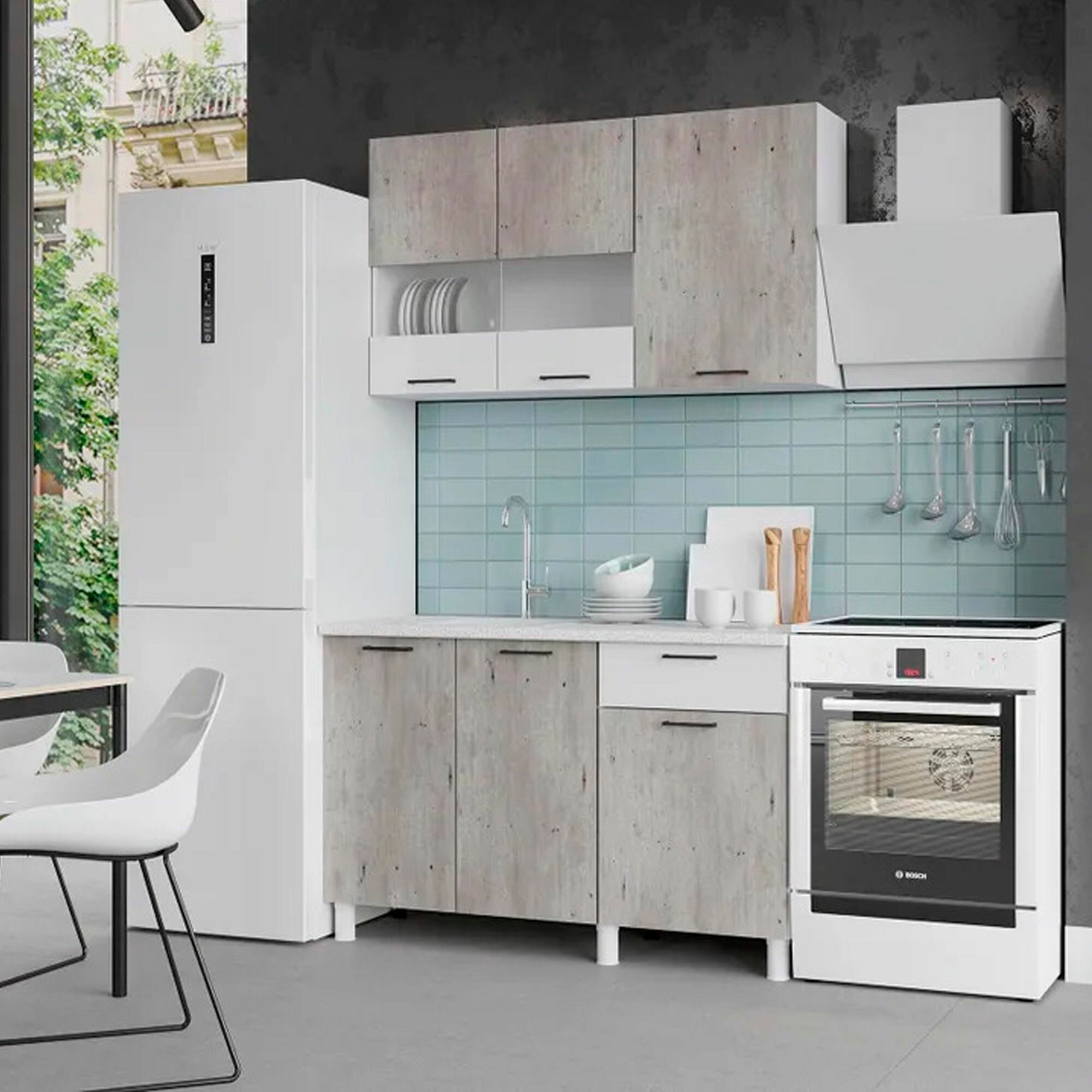 Кухня Trend 1300, цвет Белый / Белый эмалит-Бетон лайт МДФ, ширина 130 см, для дома, с полками и выдвижными ящиками