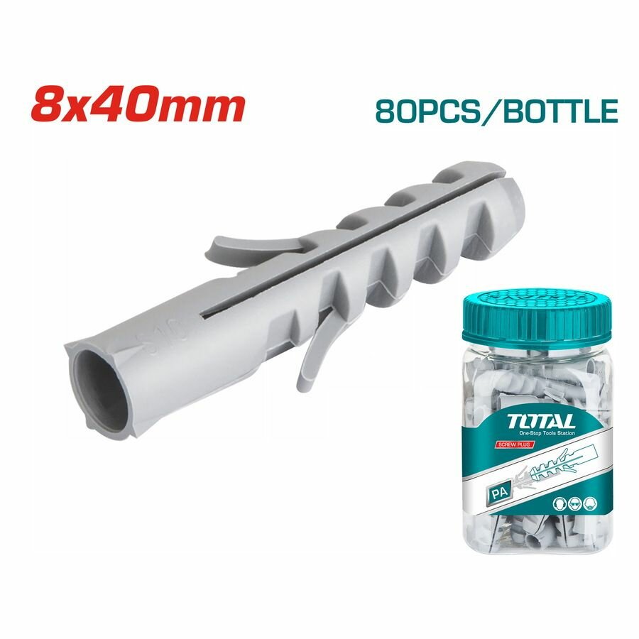 Дюбели TOTAL WJSP0804011, распорные, пластик, длина 40мм, диаметр 8мм, 80шт, светло-серые