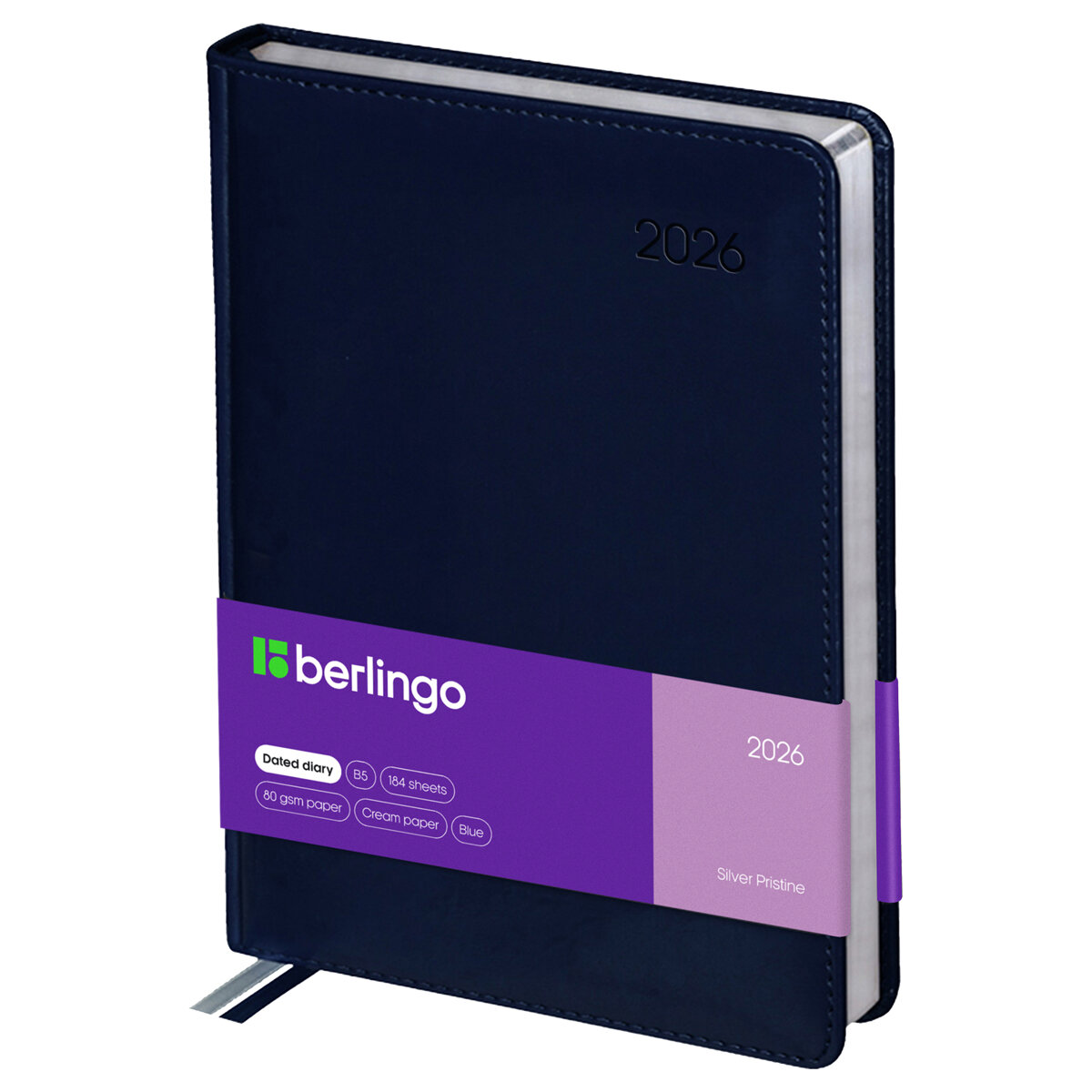Ежедневник датированный 2026г, А4-(В5), 184л, кожзам, Berlingo "Silver Pristine", сер. срез, синий