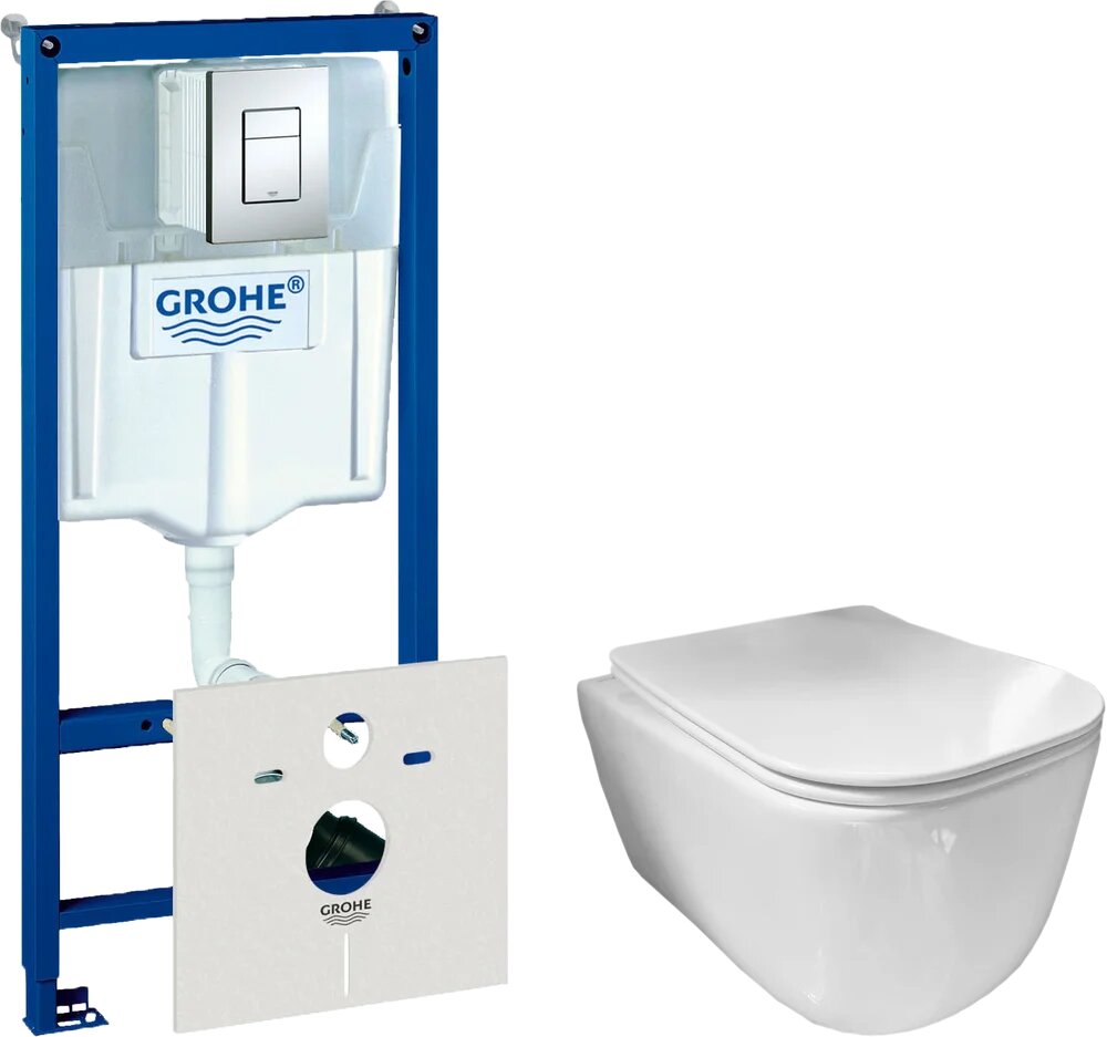 Комплект Унитаз подвесной Ceramicanova New Day CN3005 с микролифтом, безободковый / Система инсталляции для унитазов Grohe Rapid SL 38772001, 3 в 1 с