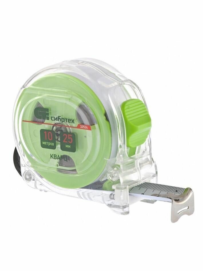 Рулетка Кварц, прозрачный корпус, амортизатор, 10 м х 25 мм Сибртех