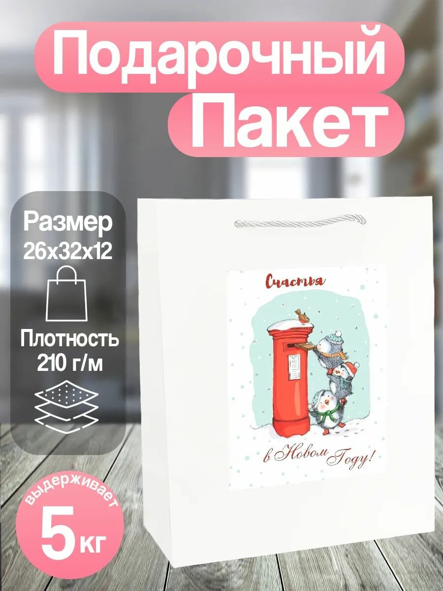 Пакет подарочный большой белый новый год, упаковка для подарка, 26х31 см