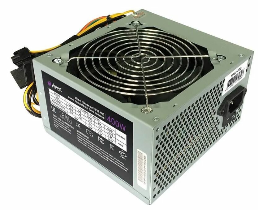 Блок питания HIPER HPM-400 (HPM-400) серебристый - 400 Вт, ATX 20+4 пин, 4 pin + 4 pin CPU, 3 SATA, 1 x 6+2 pin PCI-E