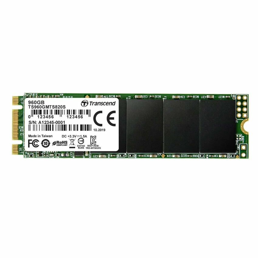 960 ГБ SSD M.2 Накопитель Transcend MTS820S (TS960GMTS820S) - SATA3 6.0 Гбит/с, чтение - 550, запись - 500, 3D TLC NAND