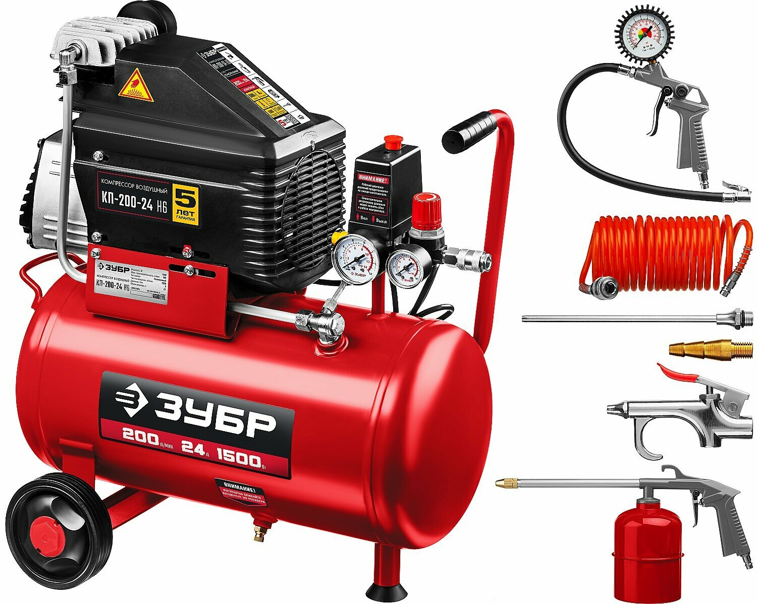 ЗУБР 200 л/мин, 24 л, 1500 Вт, 6 предметов, безмасляный компрессор (КП-200-24 Н6) КП-200-24 Н6