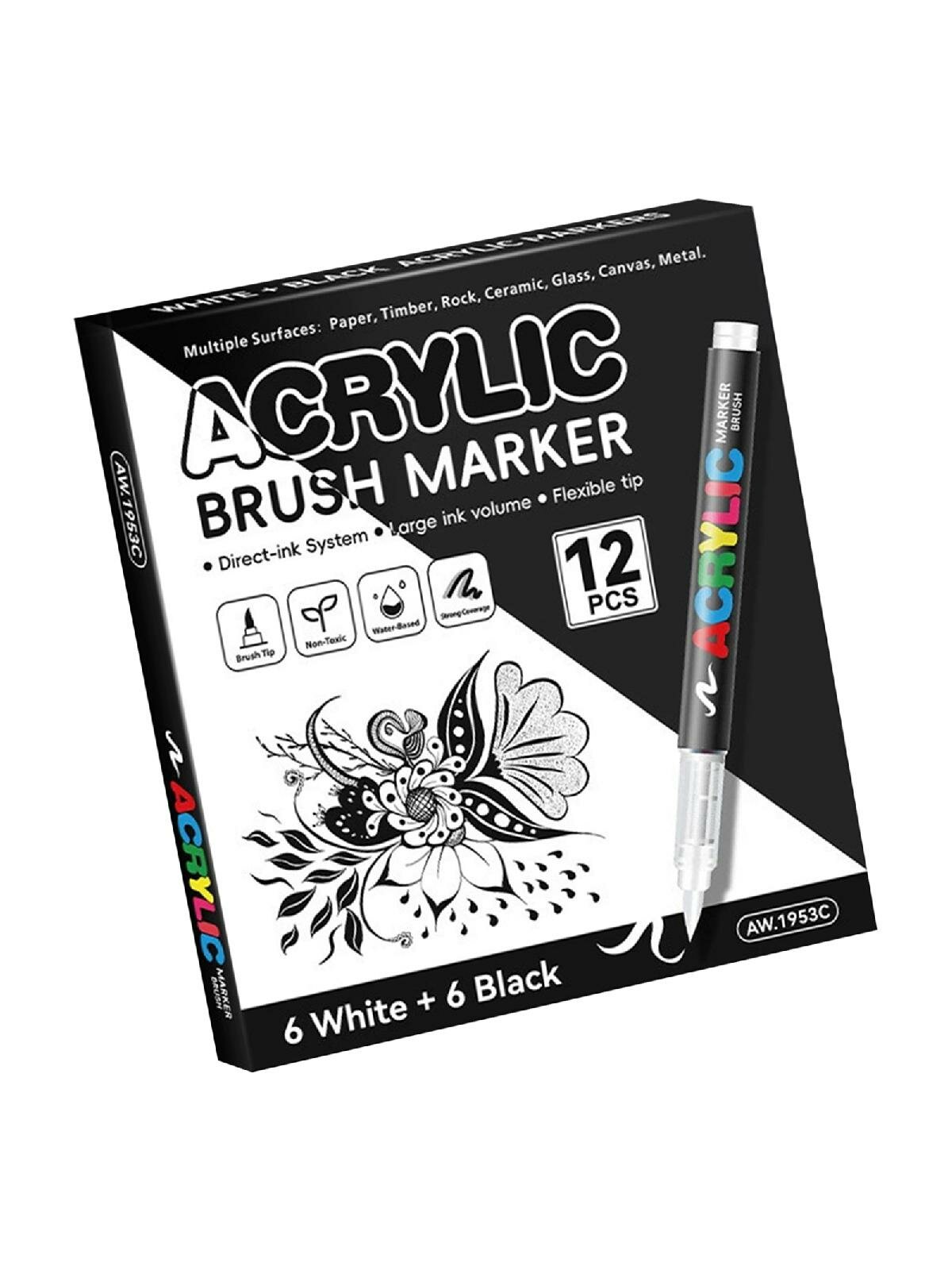 12шт Жидкая Акриловая Краска Ручка Белая/Черная Акриловая Краска Маркер с Кончиком Кисти
