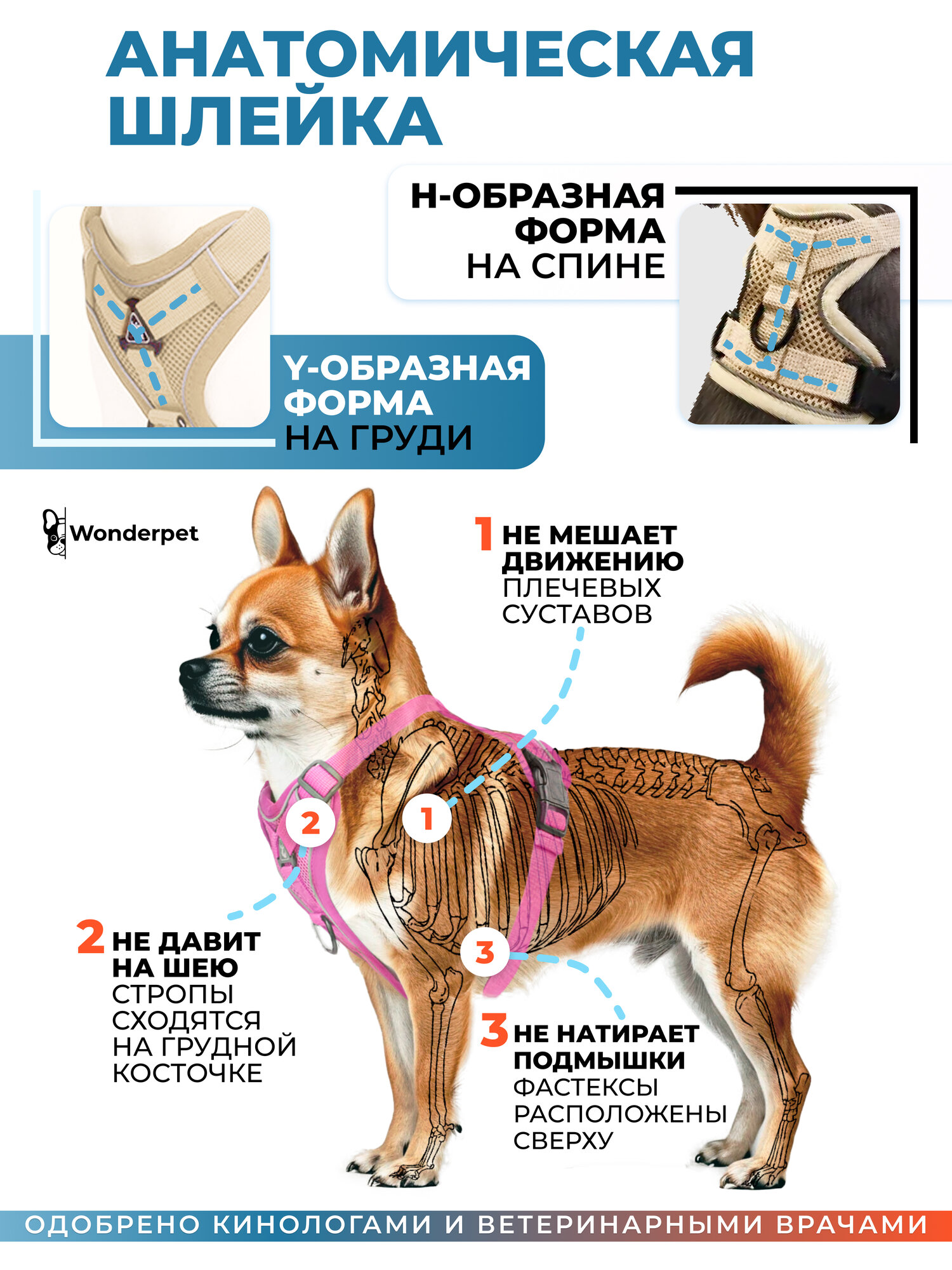 Шлейка прогулочная для собак и кошек регулируемая Wonder Pet / размер XS / бежевая