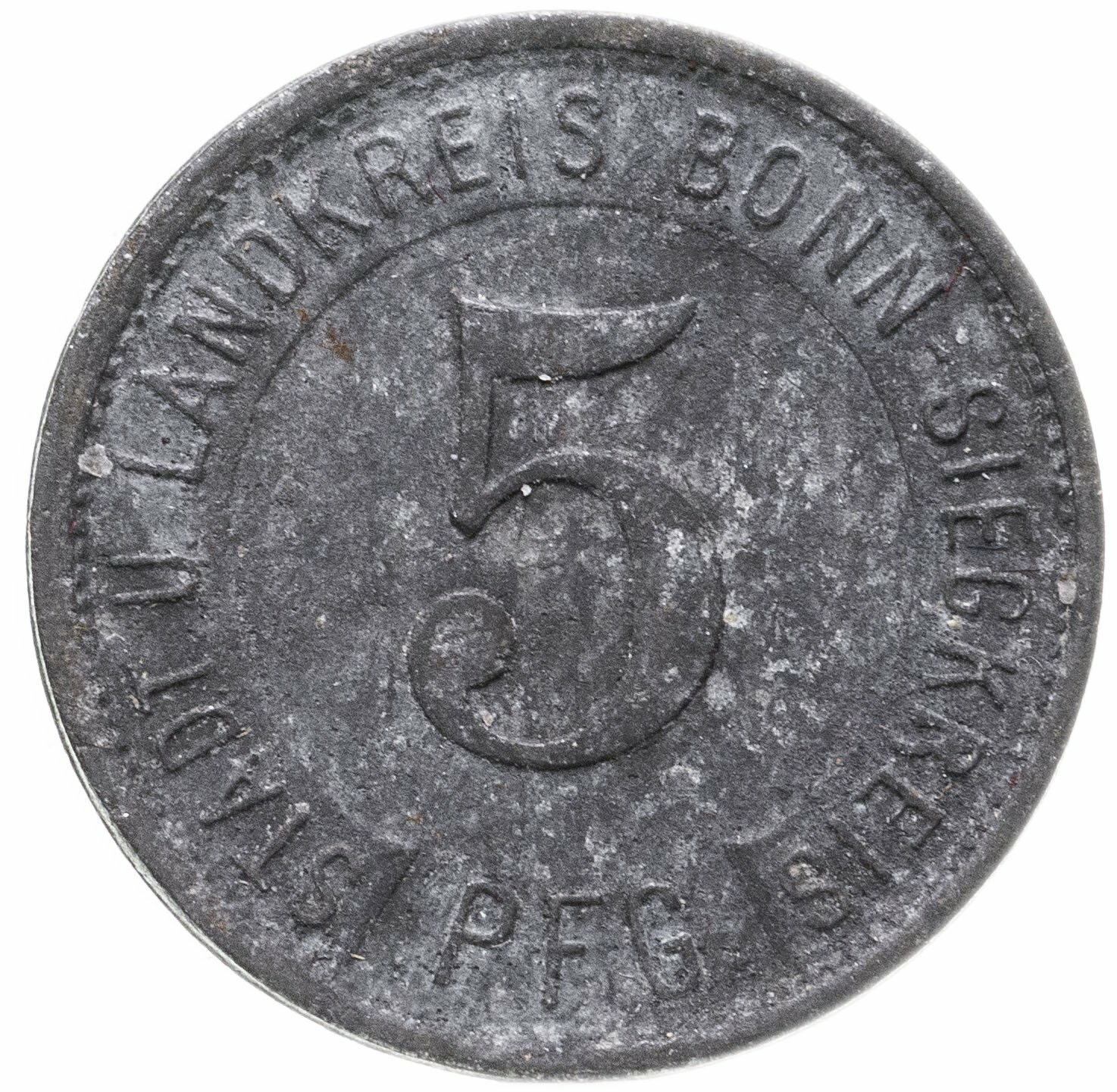 Германия Бонн-Зиг нотгельд 5 пфеннигов 1919, Цинк, в сохранности XF
