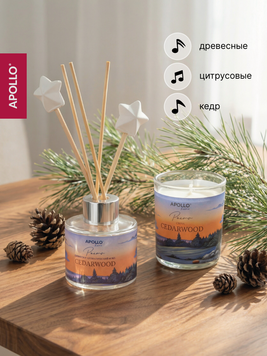Подарочный набор для дома Apollo кедр, аромадиффузор с палочками 40 мл и свеча