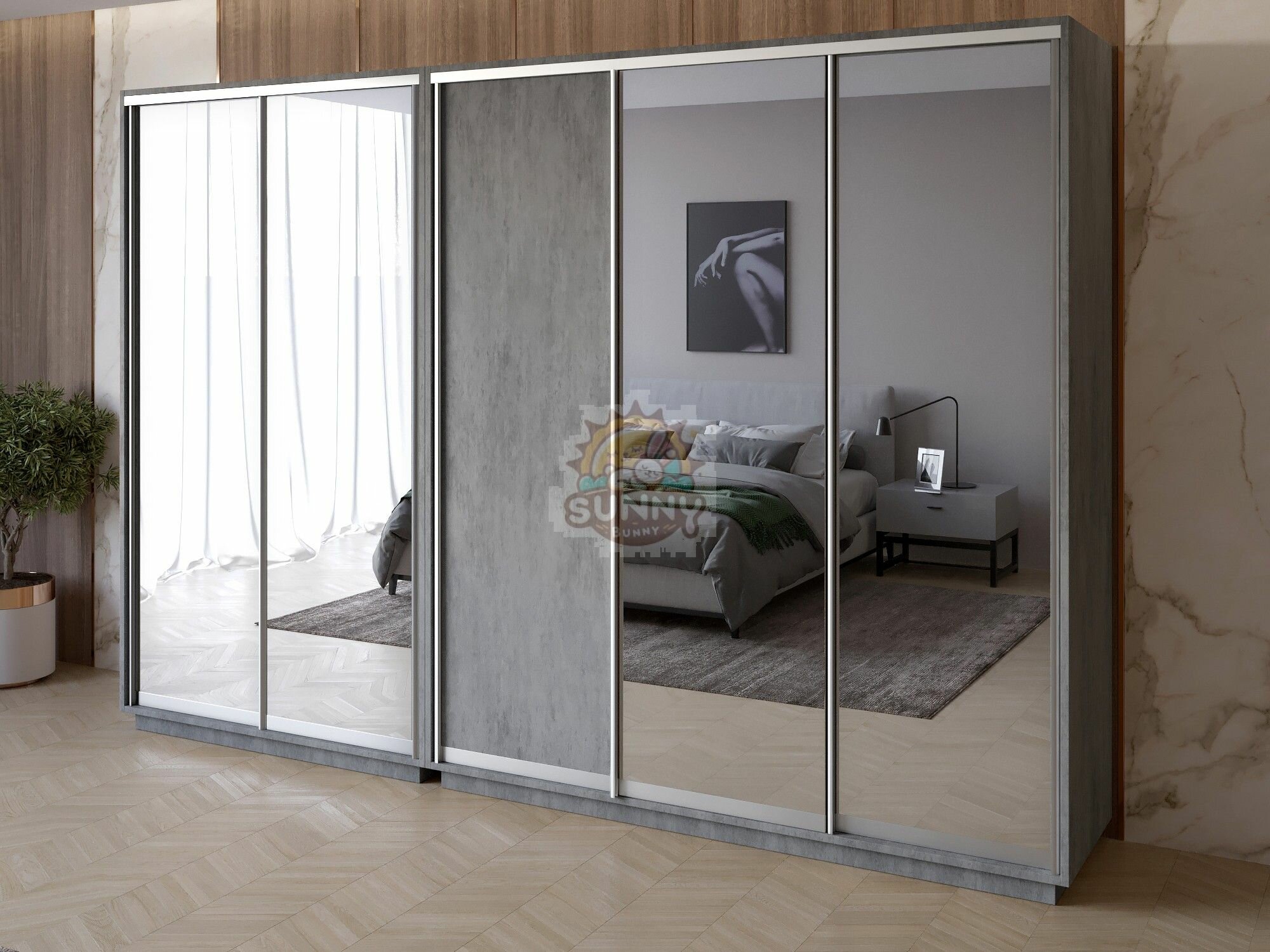 Шкаф-купе Вилли 5-ти дверный модульный (2+3) ЛДСП-1/Зеркало-4, профиль серебро, 300х60х220 см. Бетон