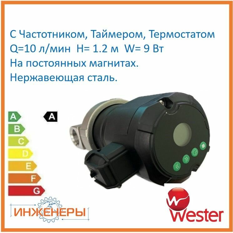 Циркуляционный насос WPE 15-12T для систем ГВС, 9 Вт, 1.2 м, 0.65 м3/час, с частотником AUTOadapt энергоэффективный, нержавеющая сталь, с таймером и термостатом, 220В, Wester 0-18-0150