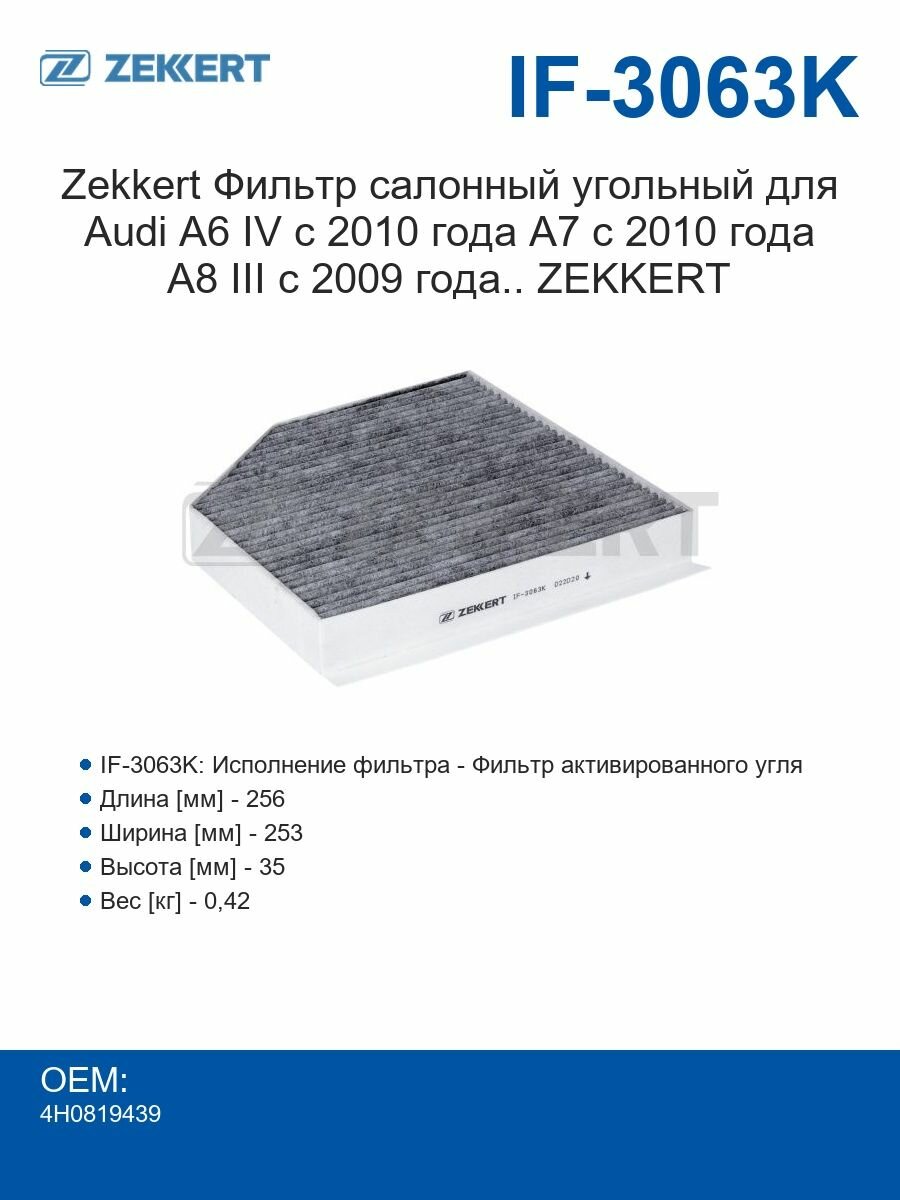 Zekkert Фильтр салонный угольный для Audi A6 IV с 2010 года A7 с 2010 года A8 III с 2009 года. ZEKKERT