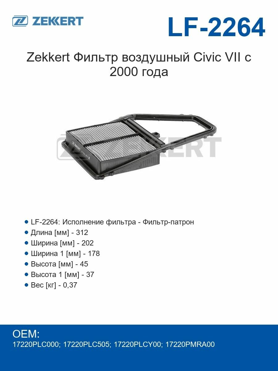 Zekkert Фильтр воздушный Civic VII с 2000 года