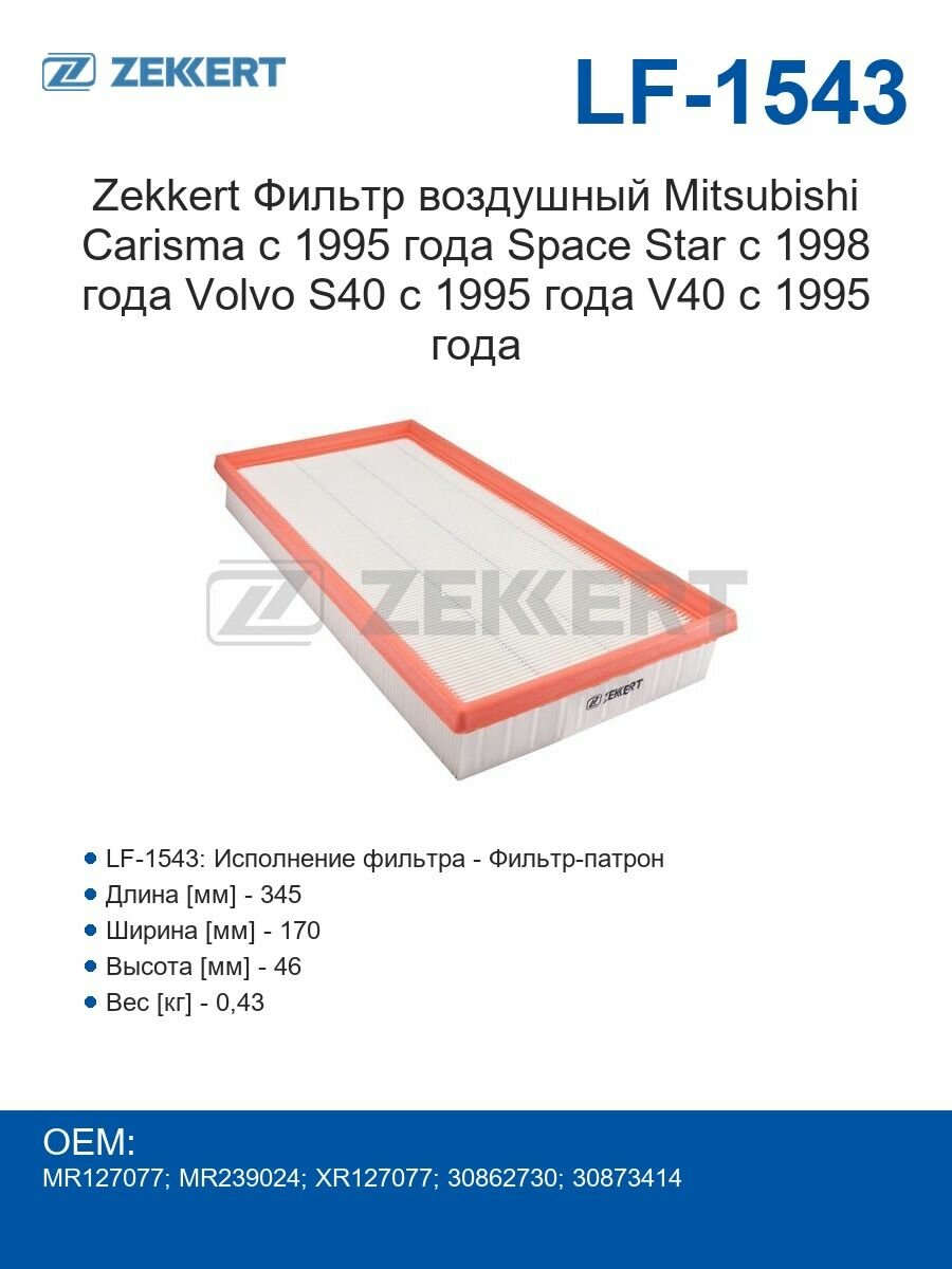 Zekkert Фильтр воздушный Mitsubishi Carisma с 1995 года Space Star с 1998 года Volvo S40 с 1995 года V40 с 1995 года