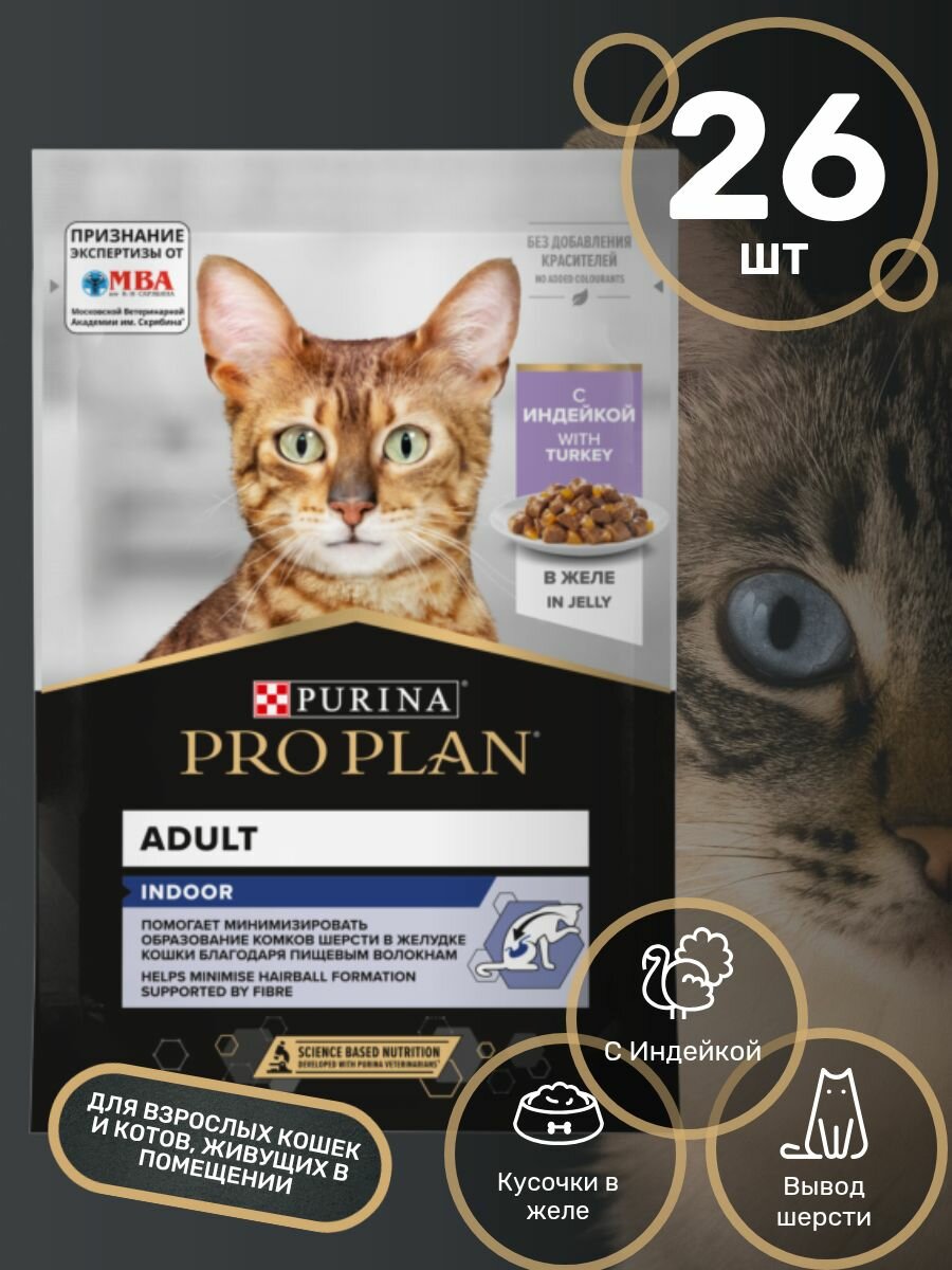 Влажный корм PRO PLAN INDOOR для взрослых кошек, живущих дома, с индейкой в желе 85гр (комплект из 26 пачек)