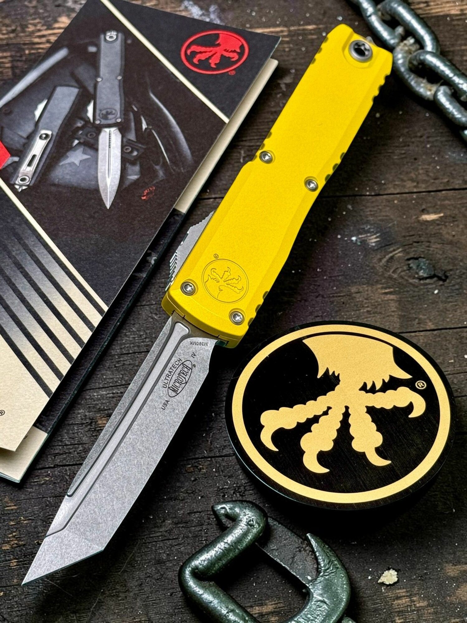 Нож складной MicroTech MCT1123410YW Ultratech Gen IV, StoneWash Blade, Yellow Handle