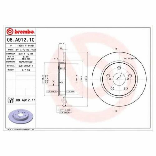 08. A912.10 Диск тормозной Standard / зад / Brembo Brembo 08a91210 для Toyota Auris, Corolla