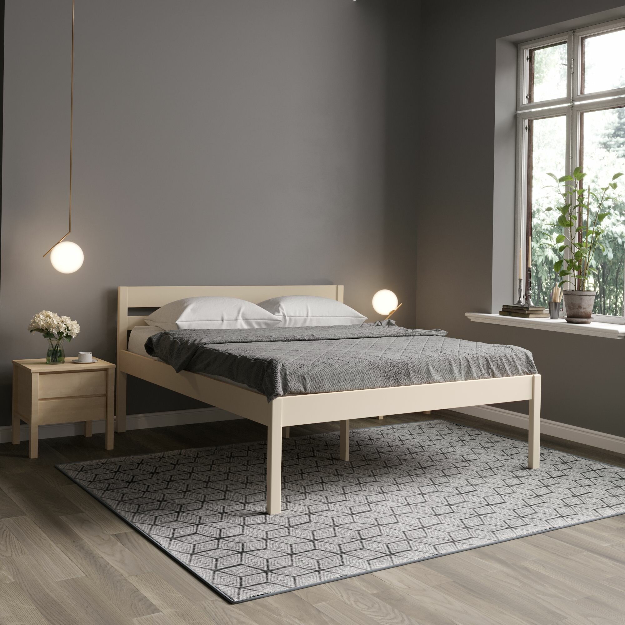 Кровать двуспальная 200х190 цвет слоновая кость из массива березы Hansales, высокая, деревянная экологичная кровать для спальни, натуральное дерево, комфортная и стильная